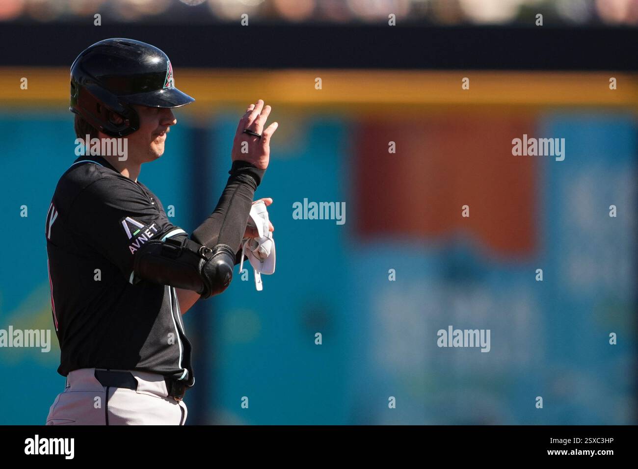 Arizona Diamondbacks' Jake McCarthy reacts after hitting a ground rule ...