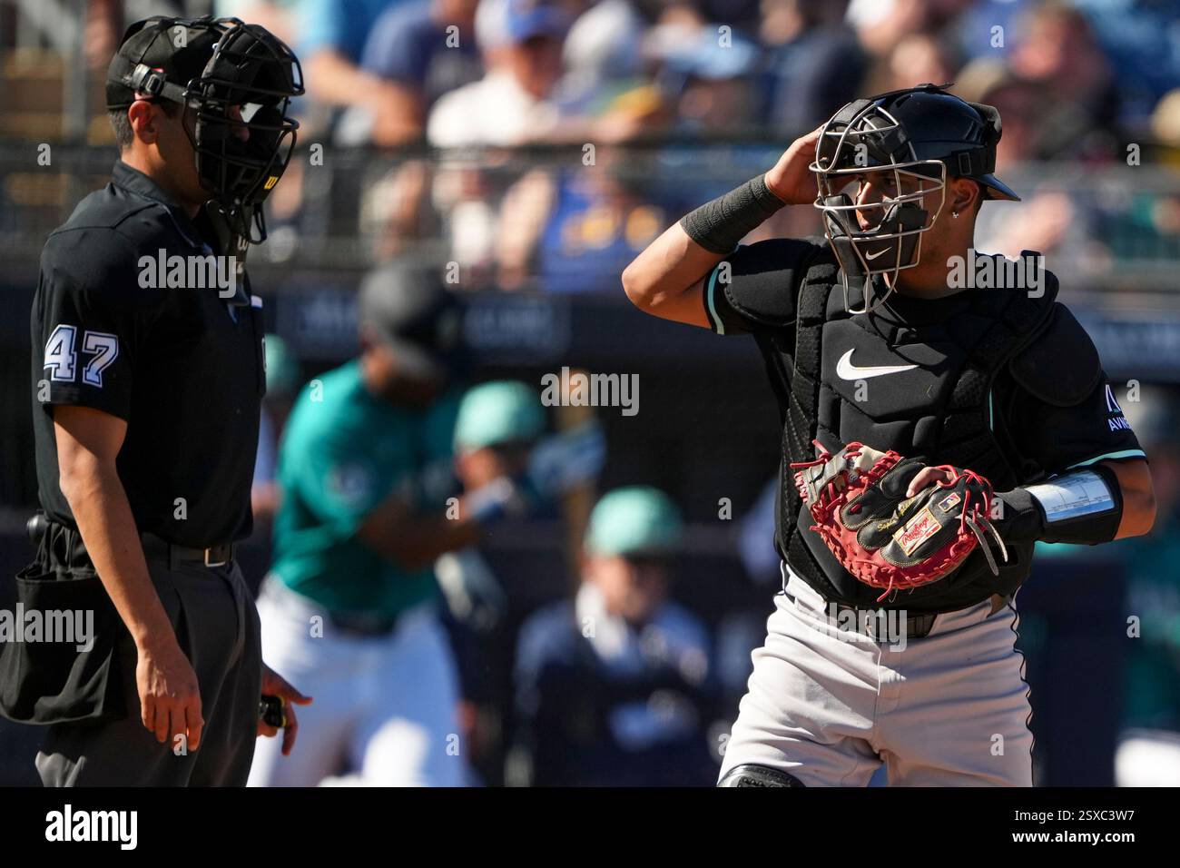 Arizona Diamondbacks catcher Gabriel Moreno challenges a call by umpire ...