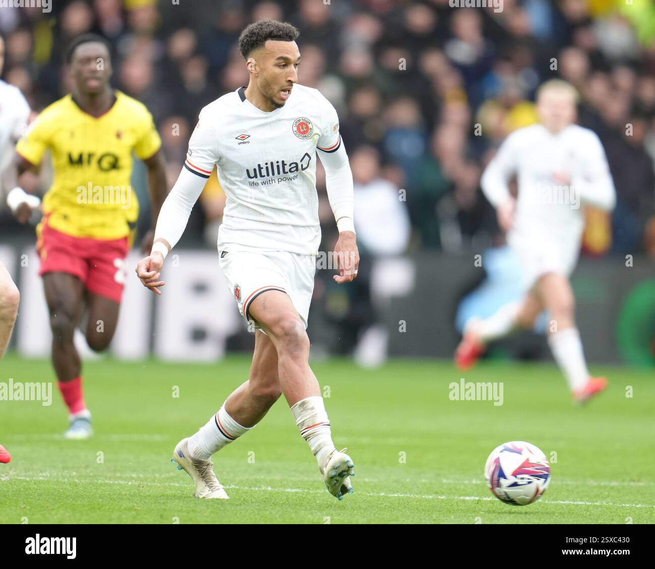 Jacob Brown of Luton Town plays the ball back during the Sky Bet ...