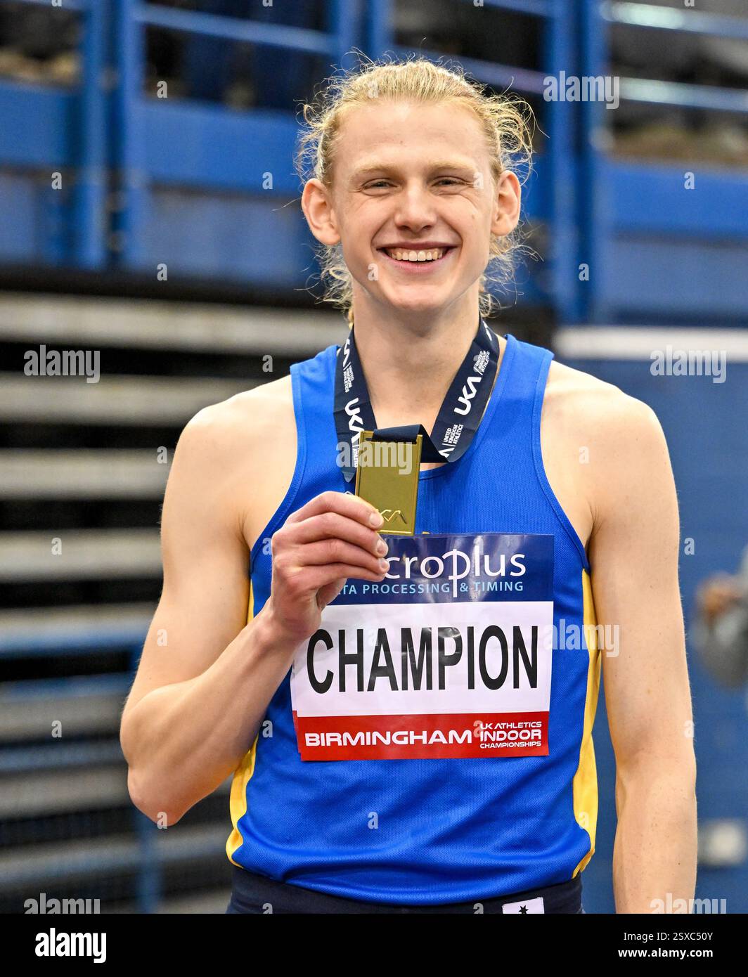 Birmingham, UK, 23 February 2025. DAVIES Justin wins the Mens 800m during the Microplus UK ...