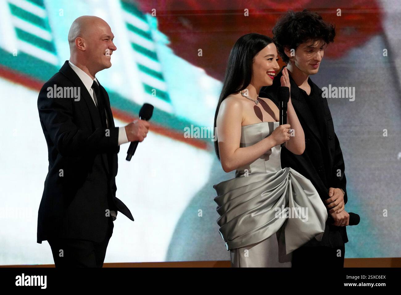 Yura Borisov, from left, Mikey Madison, and Mark Eydelshteyn speak about "Anora" during the 31st ...