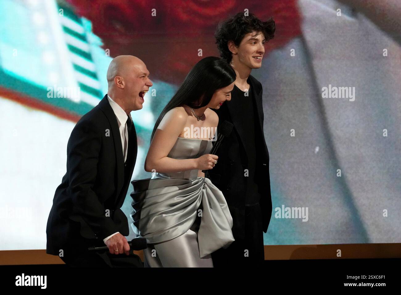 Yura Borisov, from left, Mikey Madison, and Mark Eydelshteyn speak about "Anora" during the 31st ...