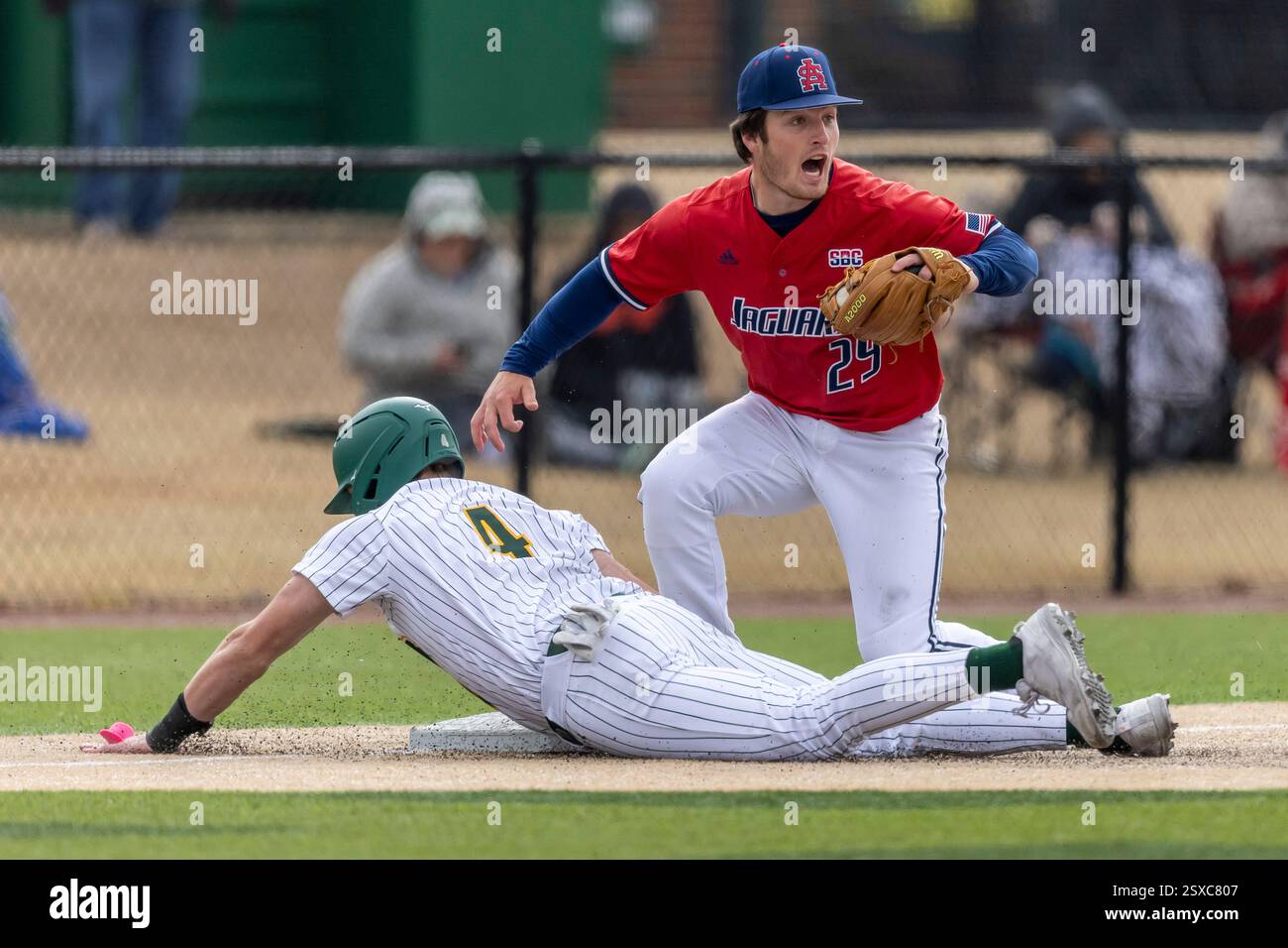 South Alabama infielder Kyle Morrison (29) reacts after tagging out UAB ...