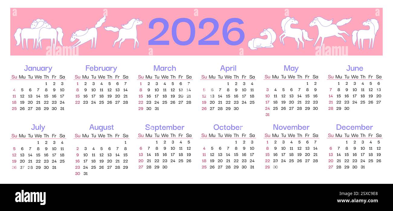 Horse calendar 2026 with mascot. Horizontal template calendar mare or ...