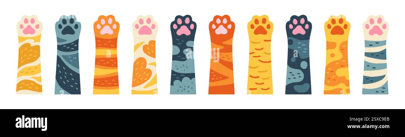 Cats paws cartoon set. Row of different cat kitten palm up, cute furry ...