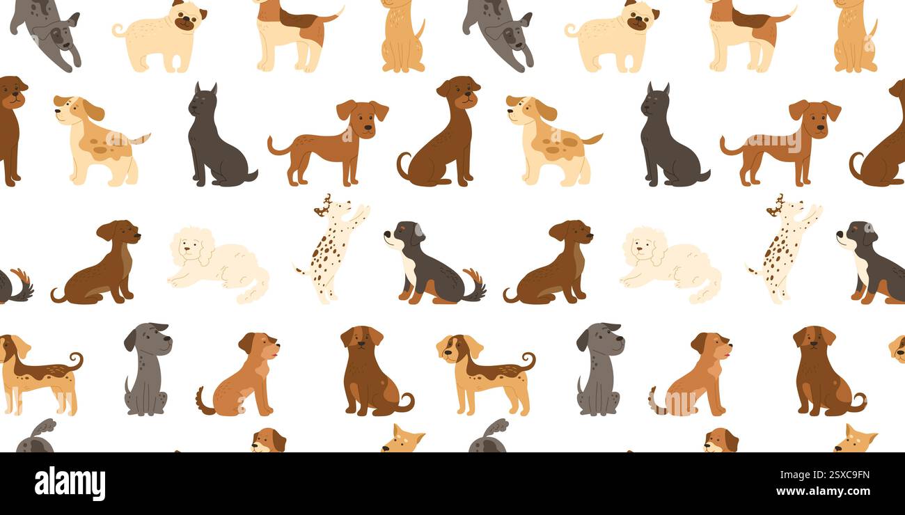 Cute Dogs cartoon seamless pattern. Funny childish dogs of different ...