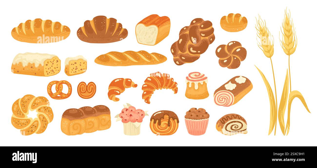 Bread and pastry bakery products cartoon hand drawn set. Various loaf ...
