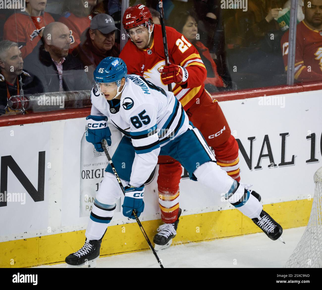 San Jose Sharks' Shakir Mukhamadullin, left, checks Calgary Flames ...