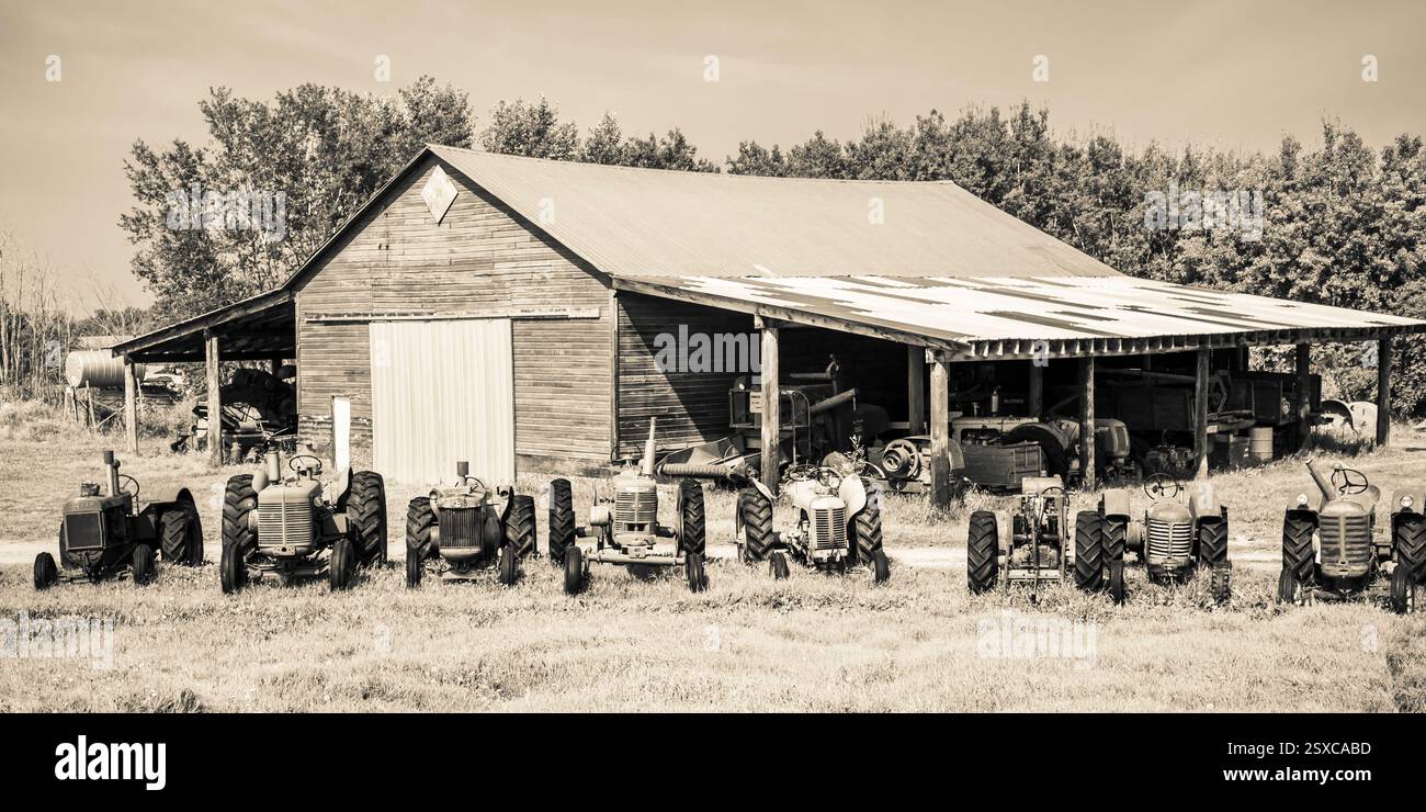 Group of antique tractors are parked in a field, with some of them ...
