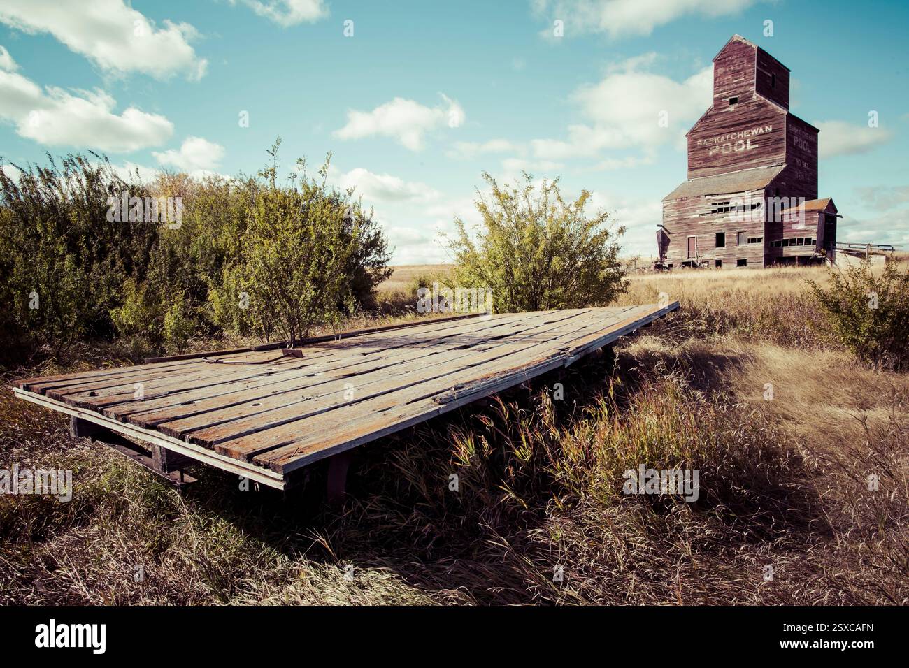 Wooden platform is in the middle of a field. The platform is old and ...