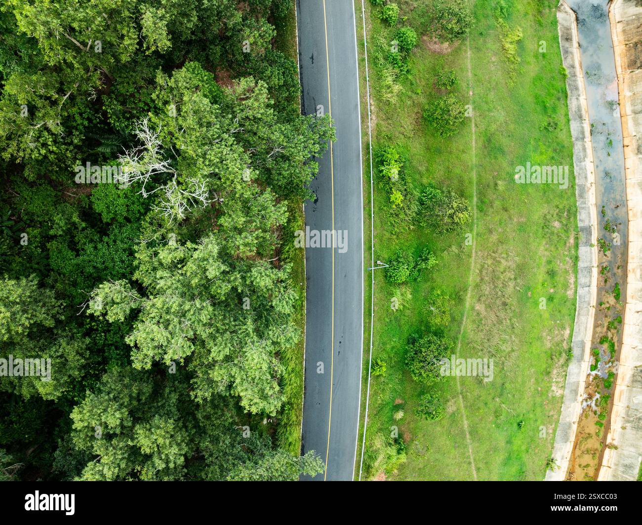 Aerial Drone shot bird eye view rainforest and road around the dam lake ...