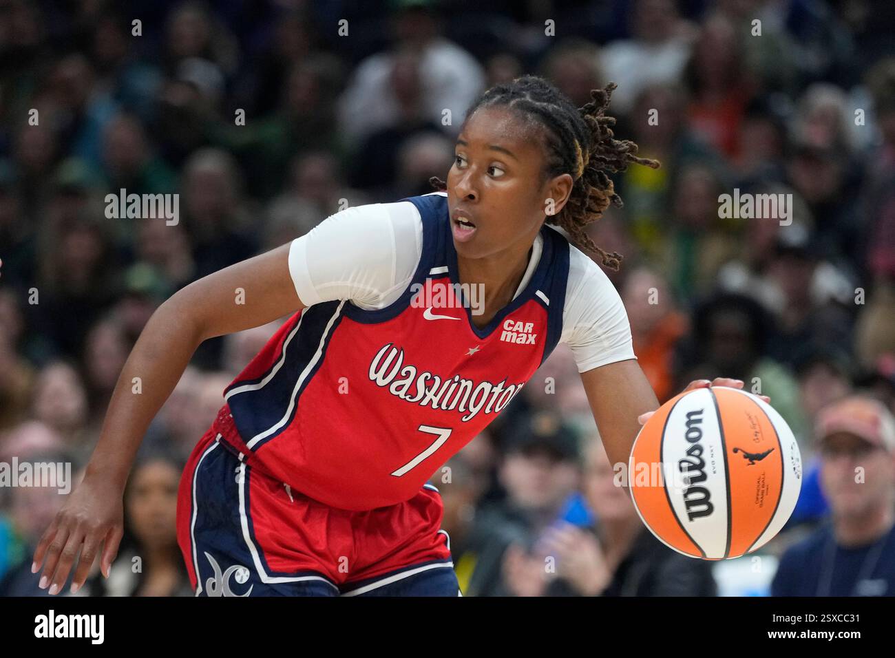 FILE - Washington Mystics guard Ariel Atkins (7) moves the ball against ...