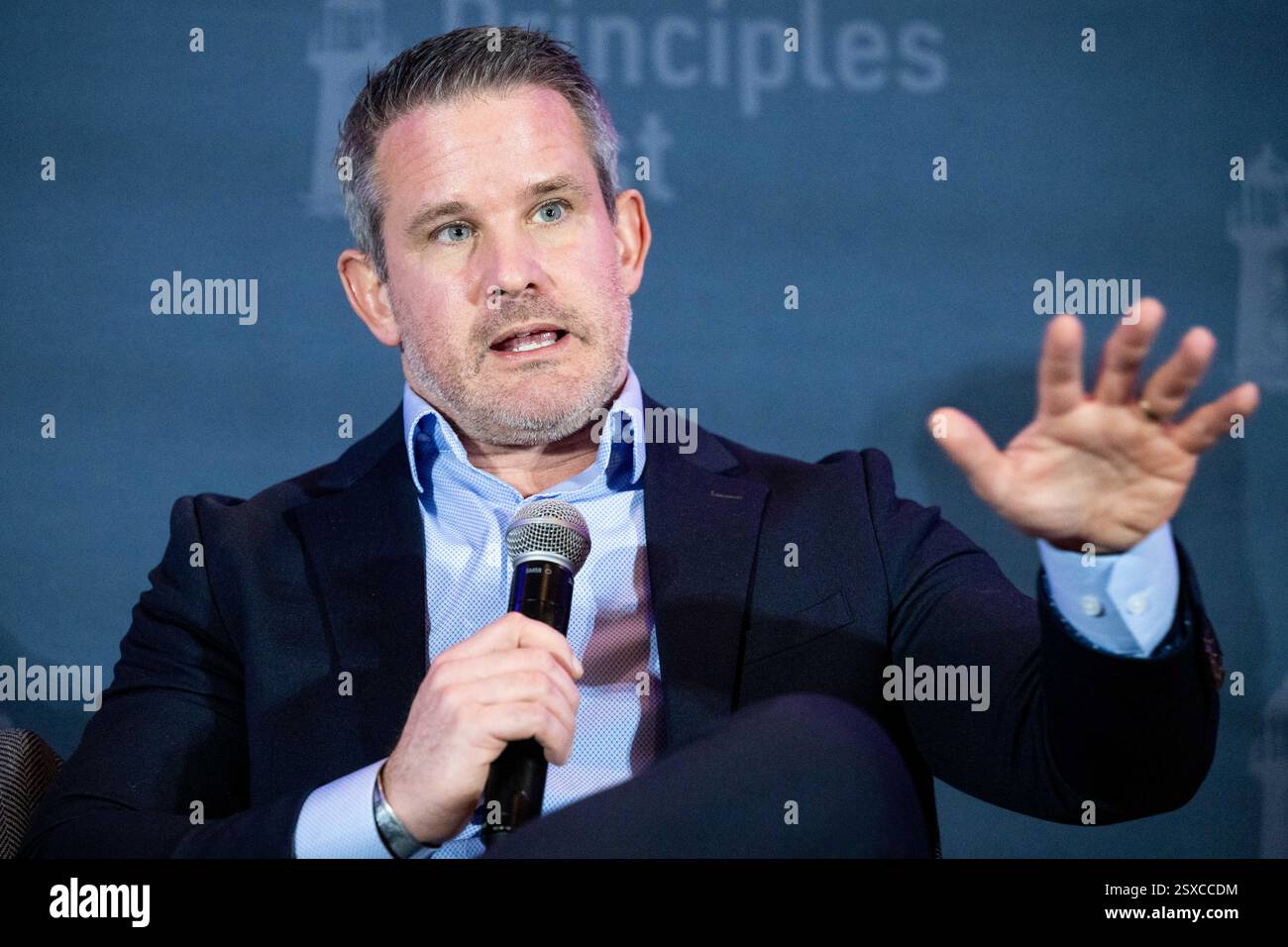 Former Congressman Adam Kinzinger (R) speaking at the Principles First ...