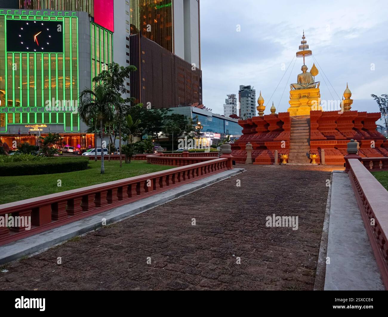 Phnom Penh, Camboda - February 23, 2025: Evening dusk cityscape view of Nagaworld Hotel Casino ...