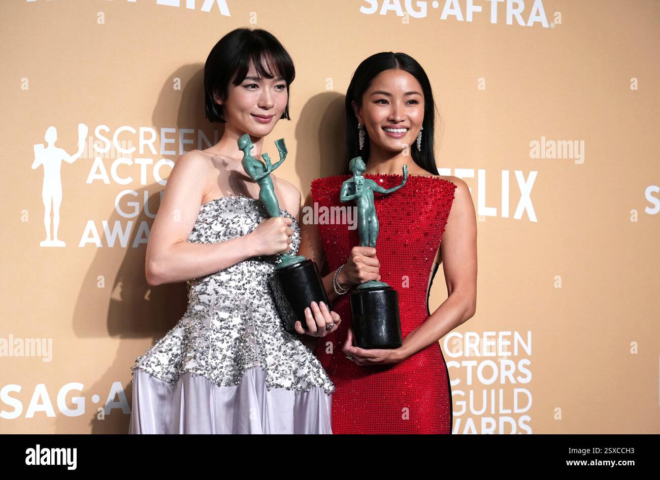 Moeka Hoshi, left, and Anna Sawai, winners of the award for outstanding ...