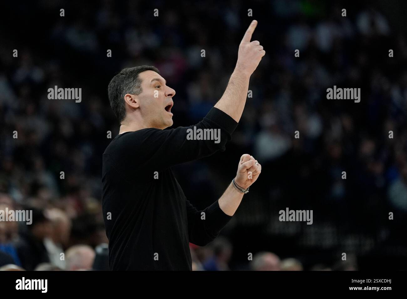 Oklahoma City Thunder head coach Mark Daigneault yells during the first ...
