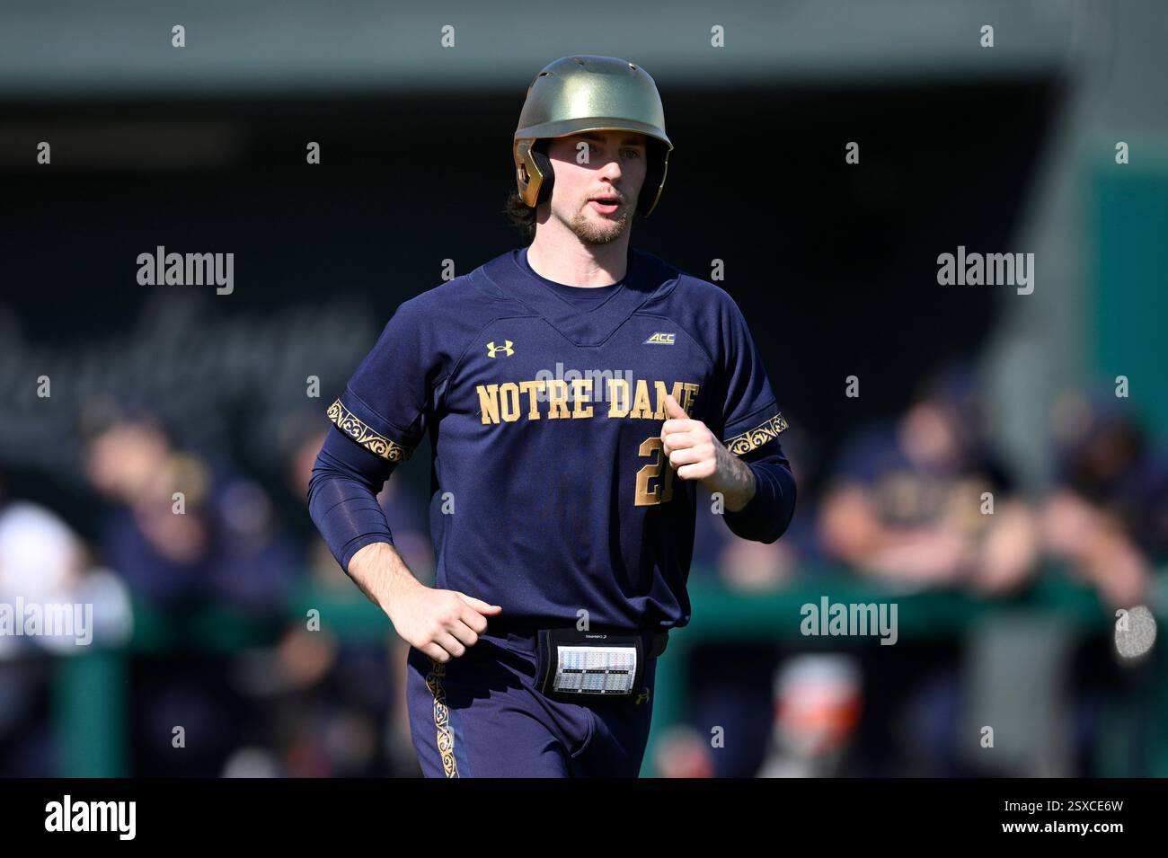 Notre Dame's Brady Gumpf (21) runs to first base during an NCAA college ...