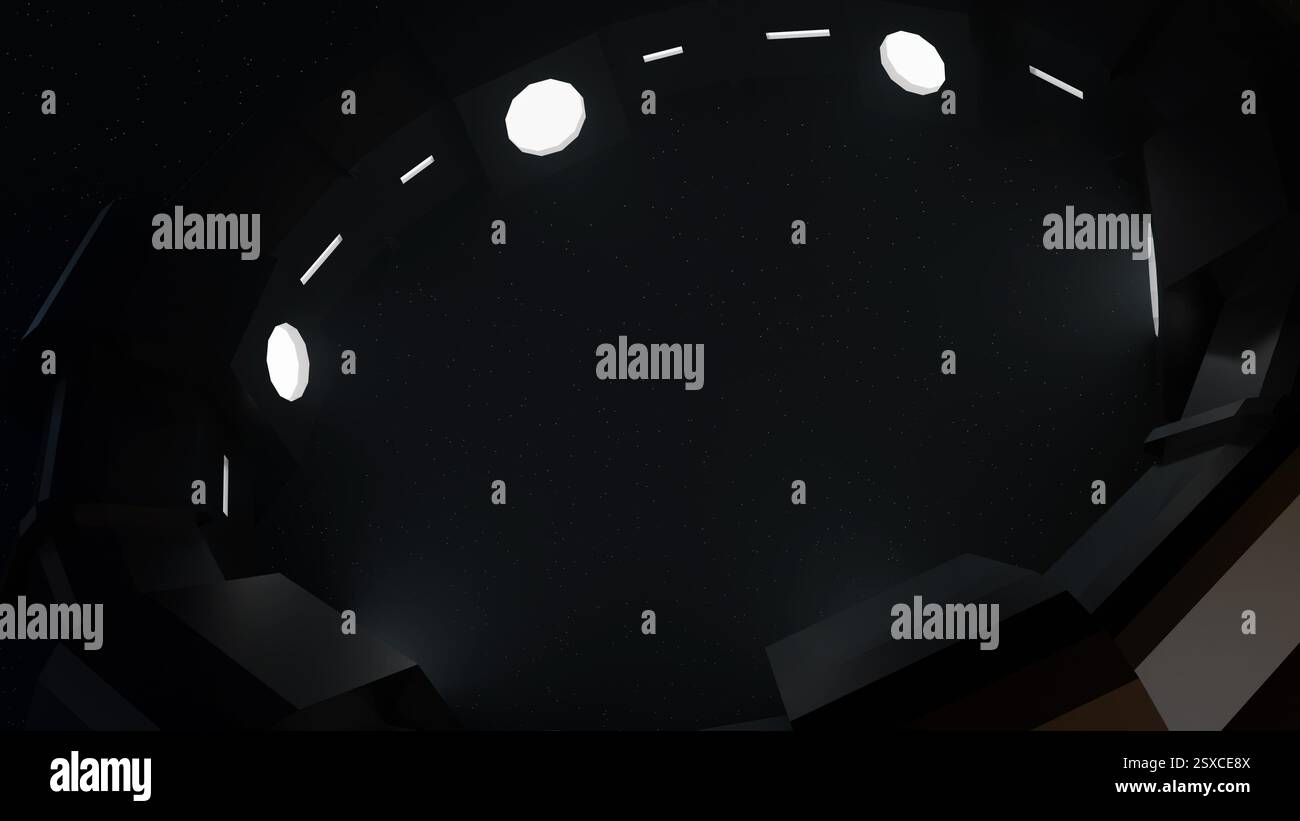 A 3d rendering of a segmented, circular structure floating against a ...
