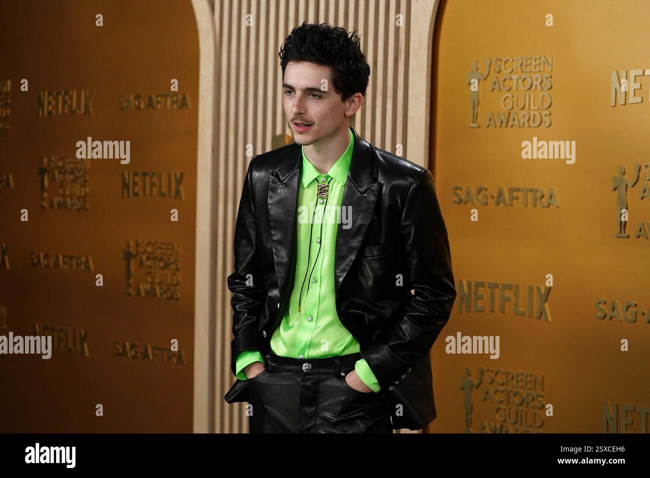 Timothee Chalamet arrives at the 31st annual Screen Actors Guild Awards on Sunday, Feb. 23, 2025 ...