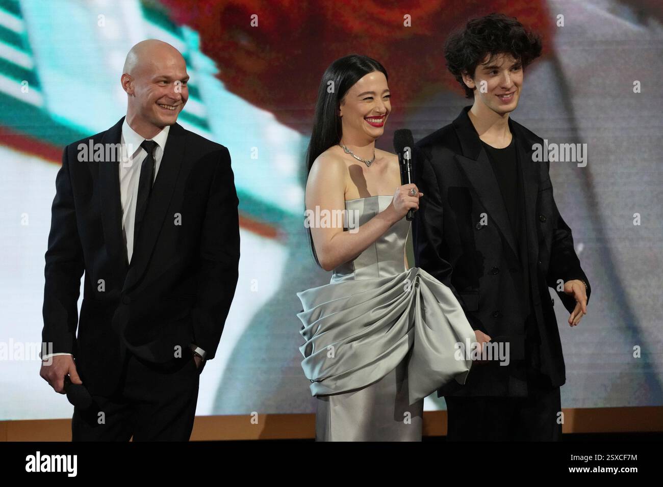 Yura Borisov, from left, Mikey Madison, and Mark Eydelshteyn speak about "Anora" during the 31st ...