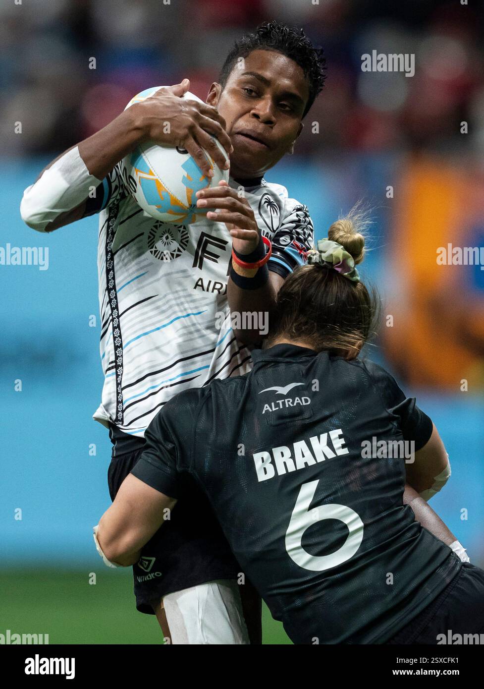 Vancouver, Canada. 23rd Feb, 2025. Fiji's Vika Nakacia is tackled by ...