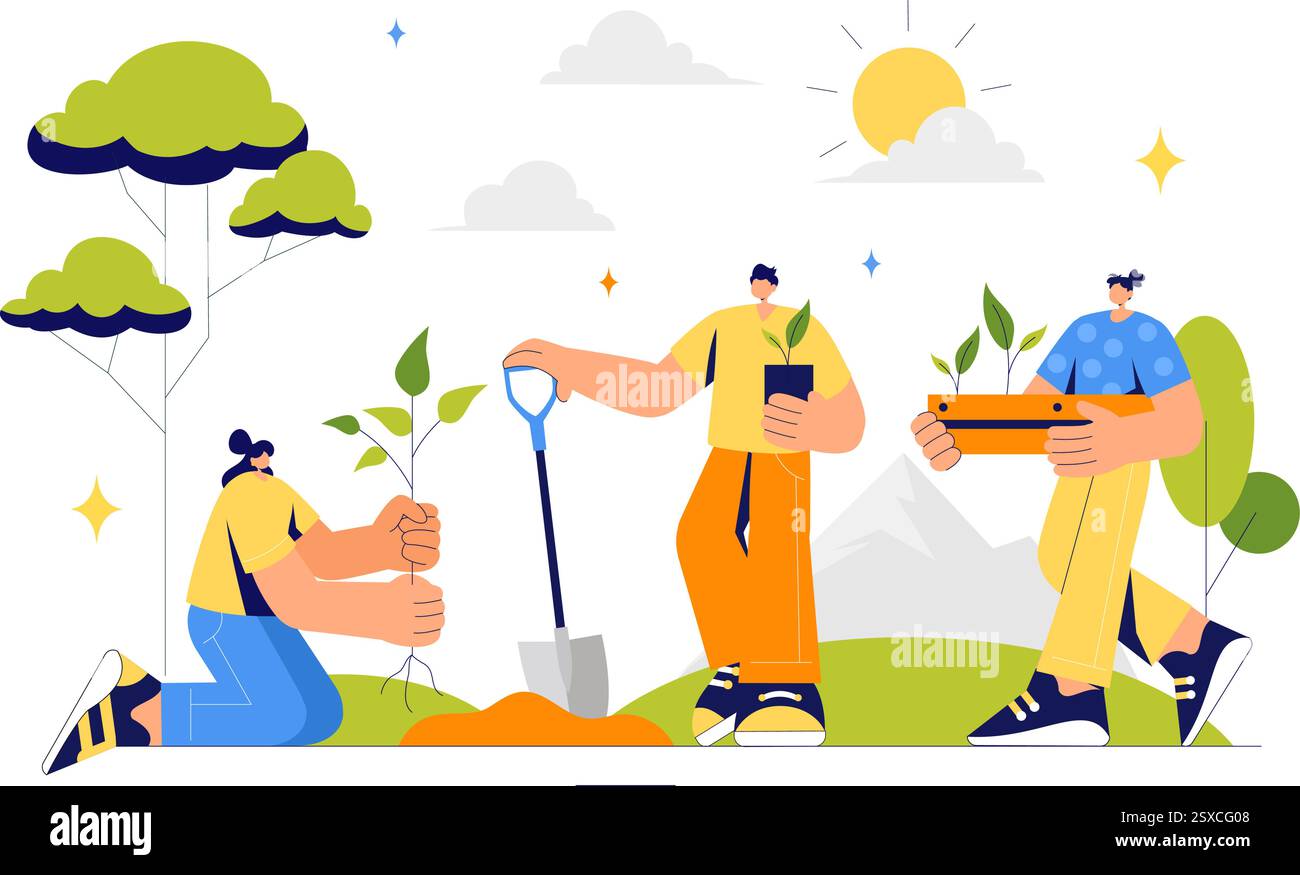 Restoration Vector Illustration featuring Tree Planting in a Forest ...