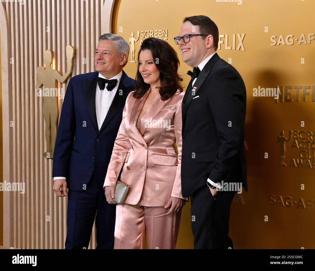 (L-R) Ted Sarandos, Co-CEO, Netflix, Fran Drescher, President, SAG-AFTRA and Duncan Crabtree ...