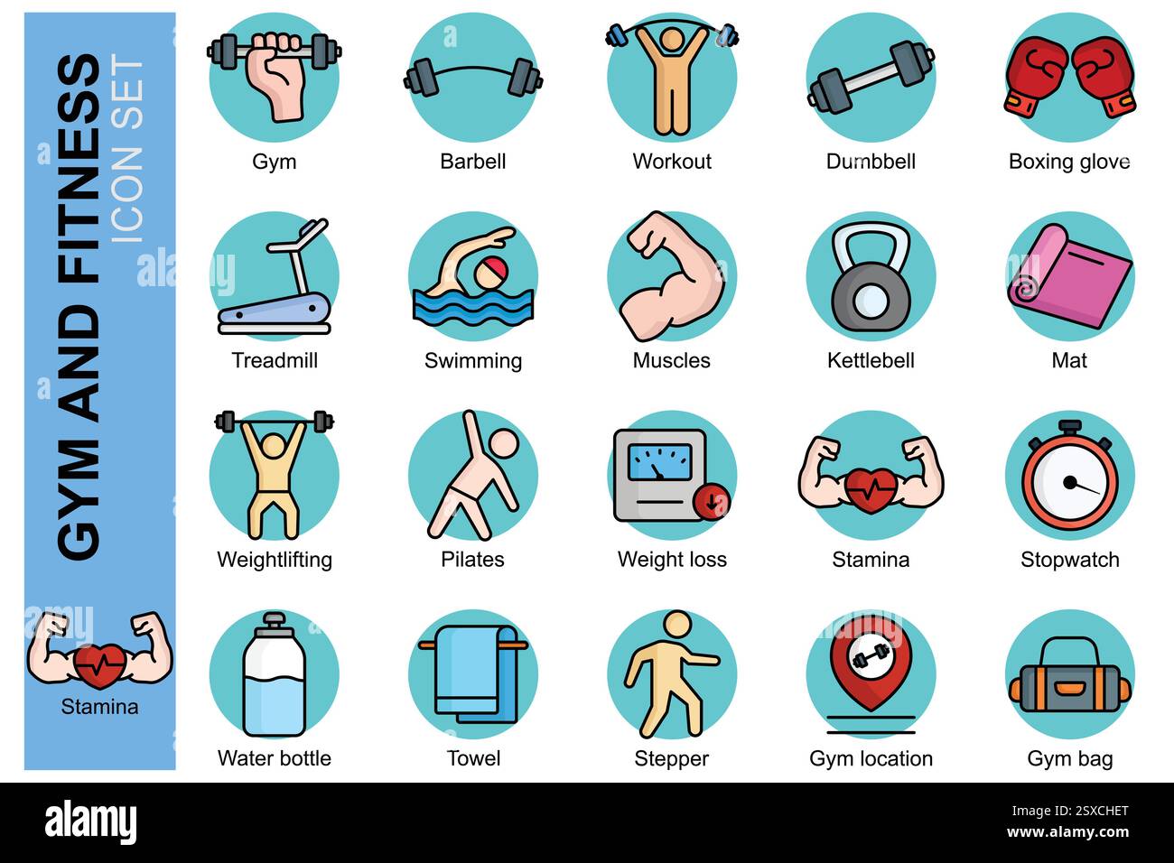 Gym icon set. colored outline icon style. containing icon barbell,workout, boxing and more ...