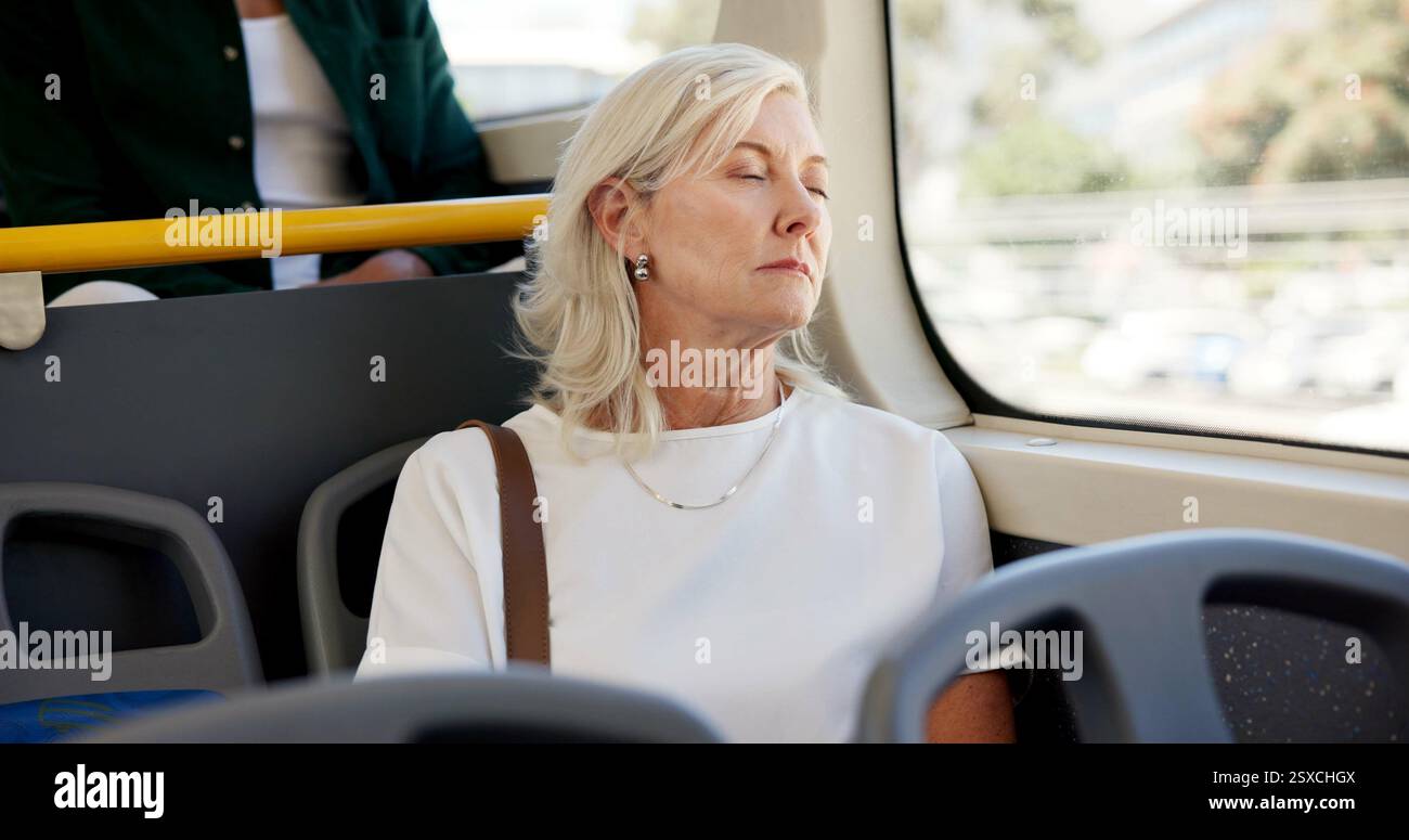 Woman, sleeping and bus for public transport, tired or rest by window ...