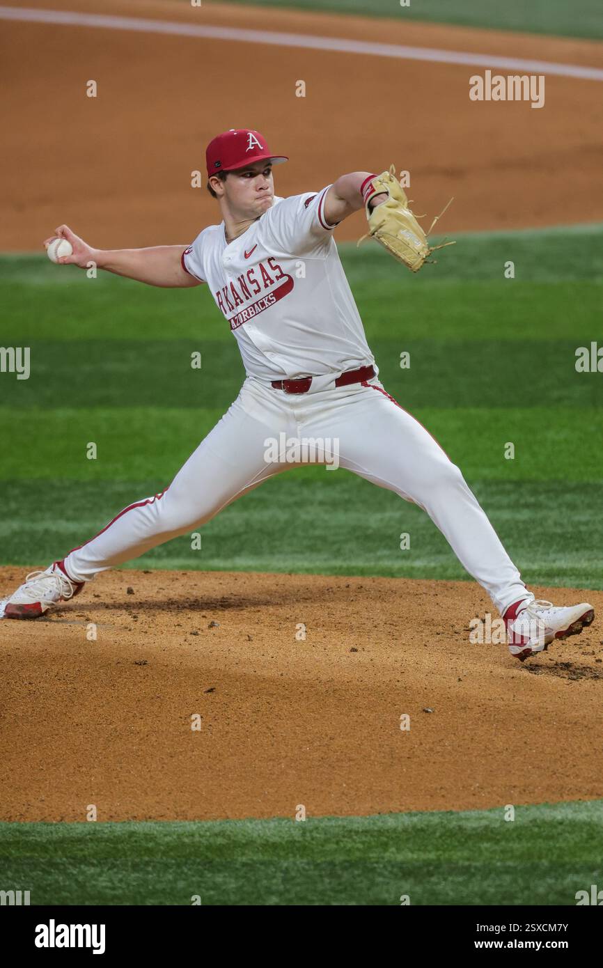 February 23, 2025: Razorback pitcher Gage Wood (14) prepares to release ...