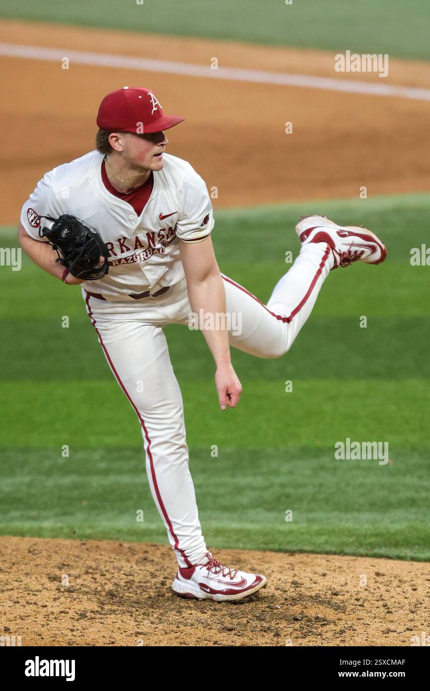 February 23, 2025: Hogs pitcher Cole Gabler (29) finishes up his ...