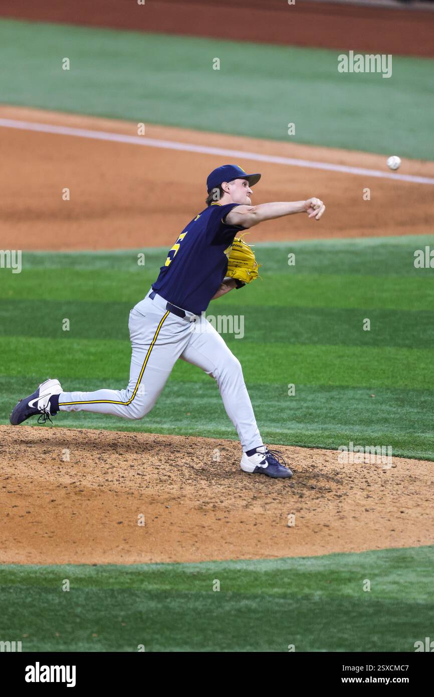 February 23, 2025: Wolverine pitcher David Lally Jr. (5) releases the ...