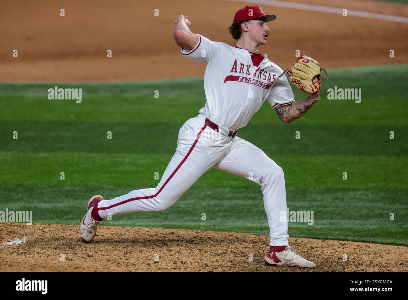 February 23, 2025: Arkansas pitcher Carson Wiggins (44) prepares to ...