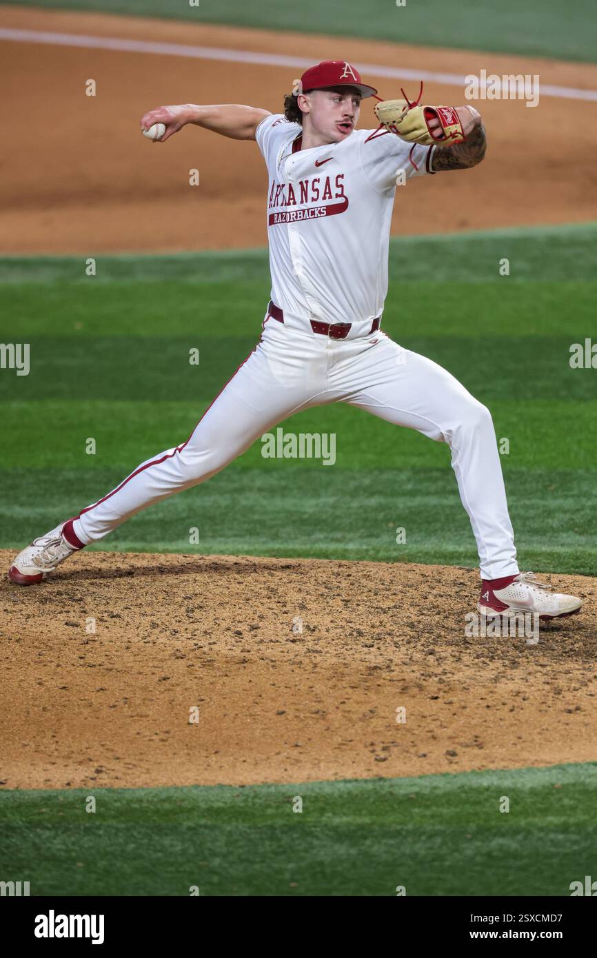 February 23, 2025: Razorback pitcher Carson Wiggins (44) prepares to ...
