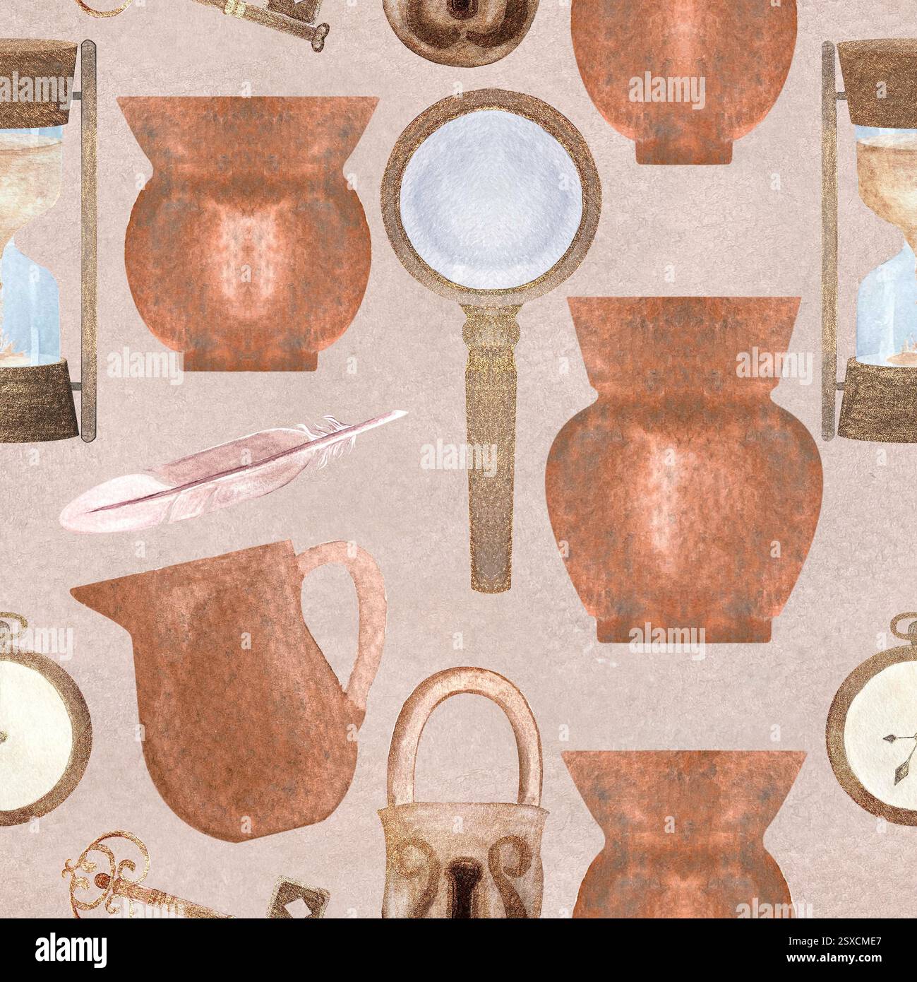 Clay jars, magnifying glass, lock, feather, pocket watch rusty antique ...