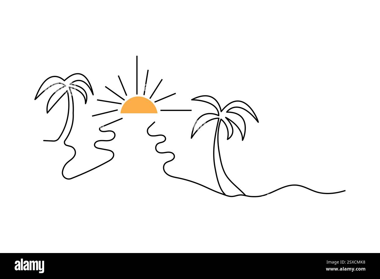 Sunset one line drawing of minimalist vector icon with black and white ...