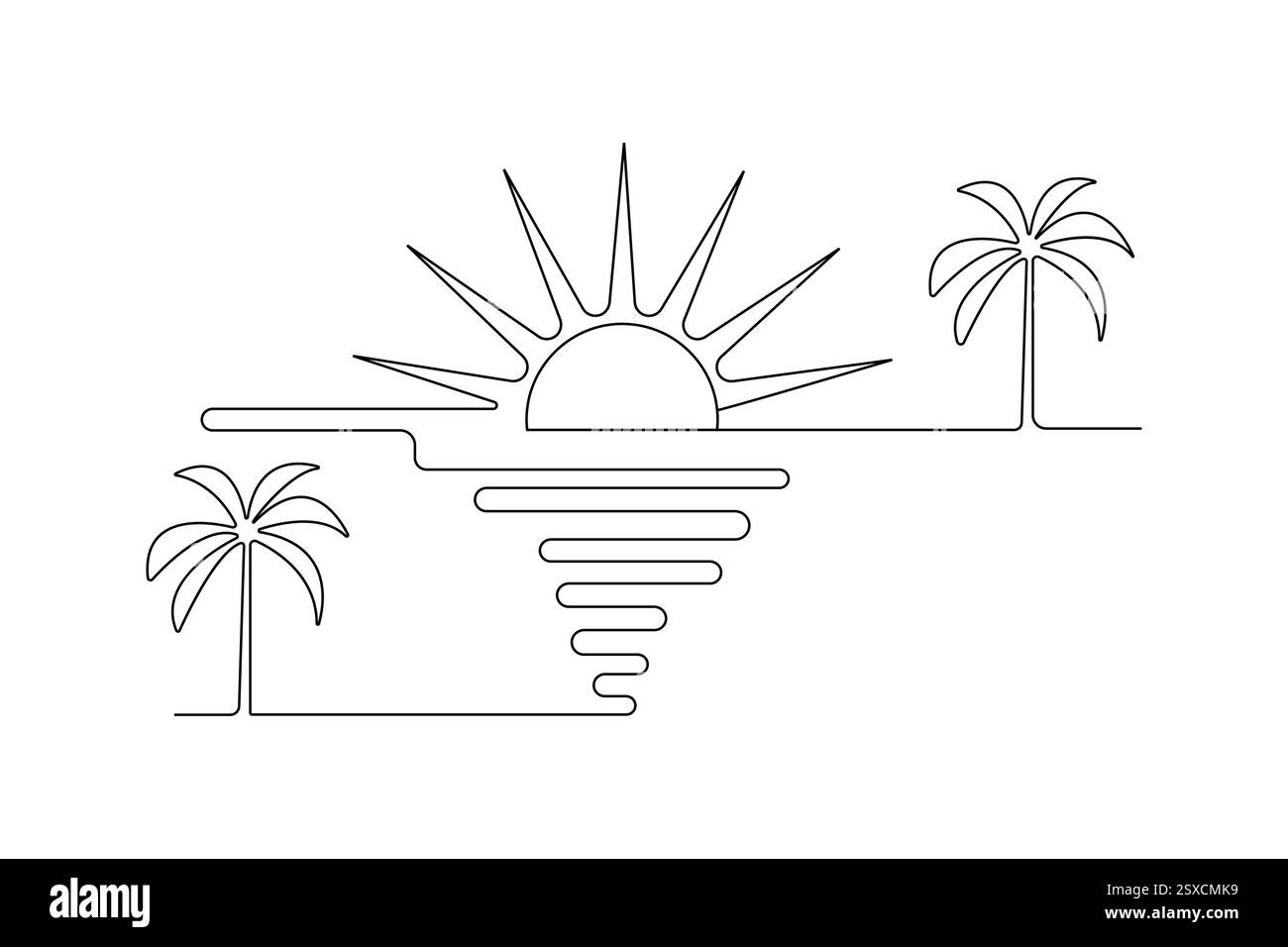 Sunset one line drawing of minimalist vector icon with black and white ...