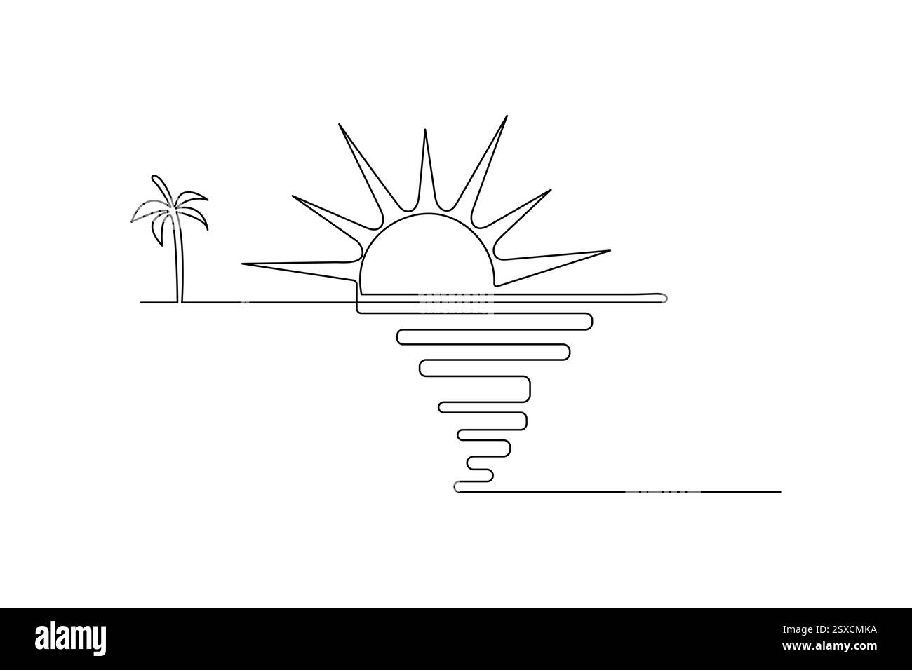 Sunset one line drawing of minimalist vector icon with black and white ...