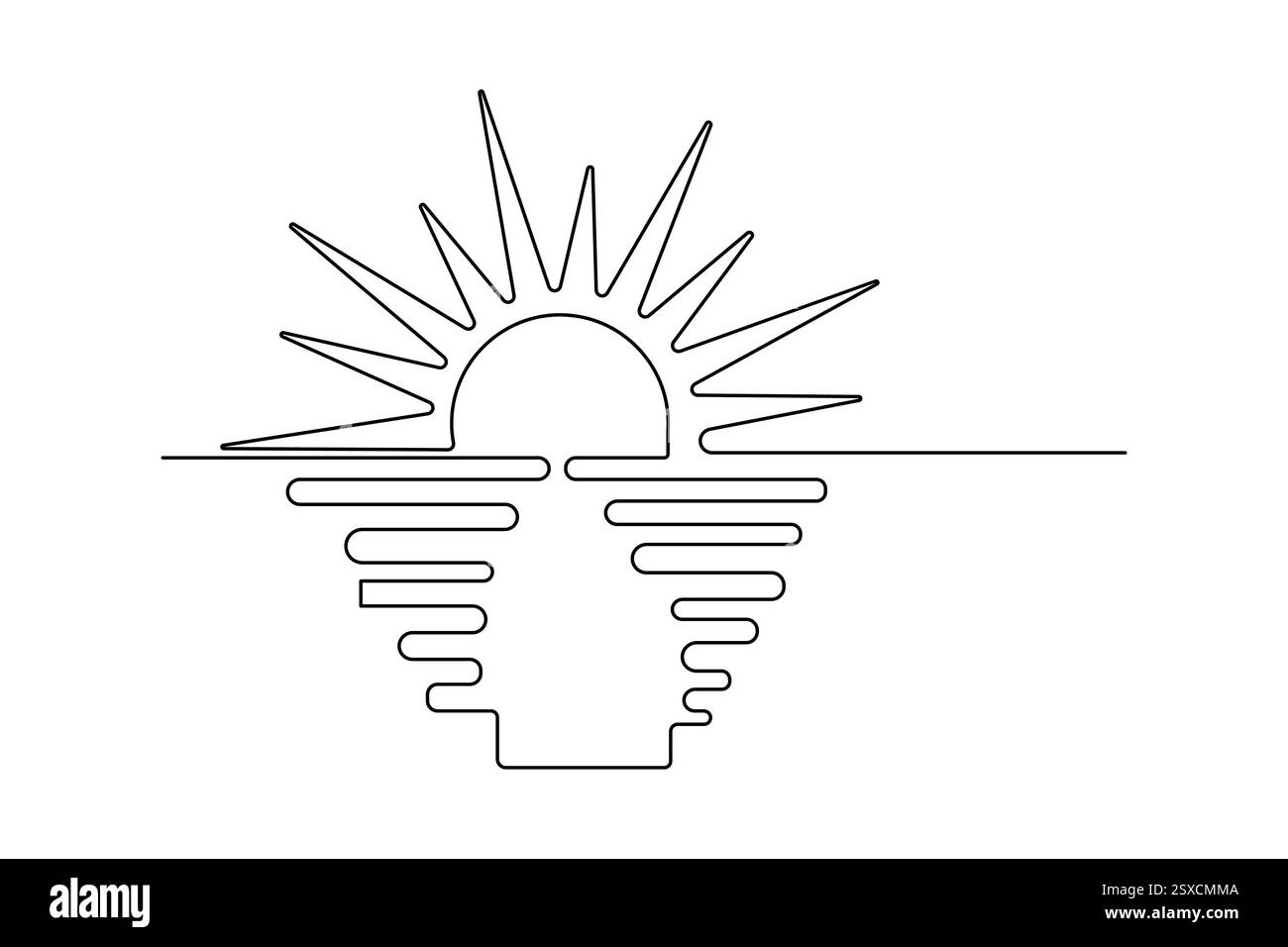 Sunset one line drawing of minimalist vector icon with black and white ...