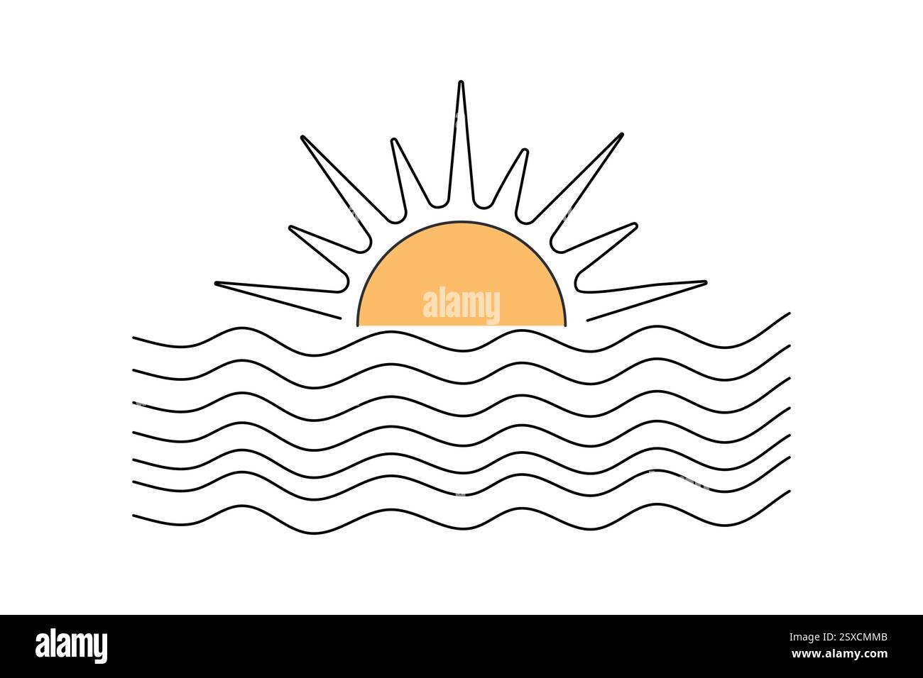 Sunset one line drawing of minimalist vector icon with black and white ...