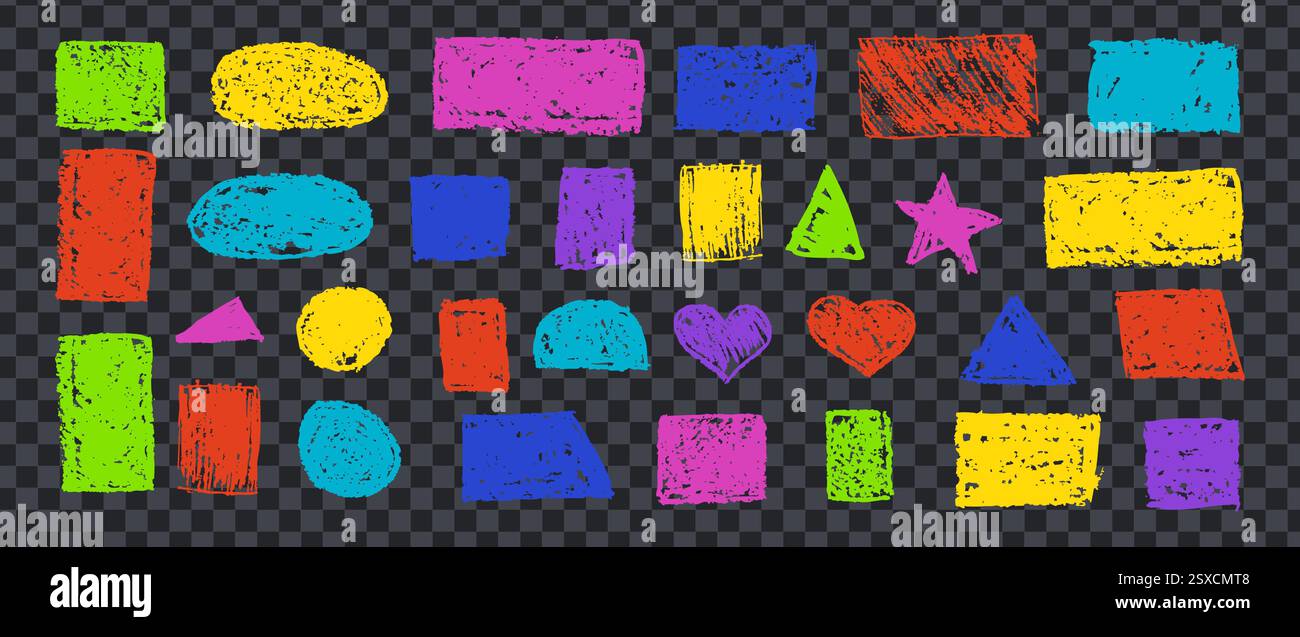 Set of abstract geometric basic shapes drawn with colored charcoal ...