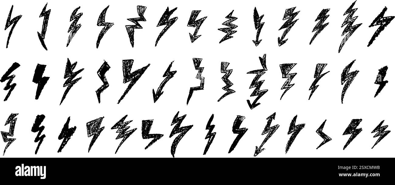 Set of lightning by wax pen drawing. Collection of handdrawing chalk ...