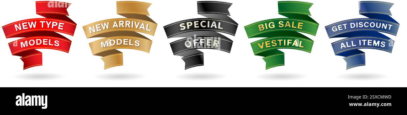 five set of ribbons, badges and labels with different colors for User ...