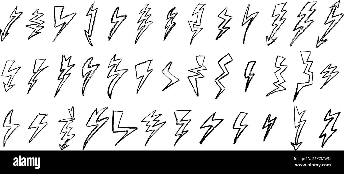 Set of lightning by wax pencil drawing. Collection of handdrawing chalk ...