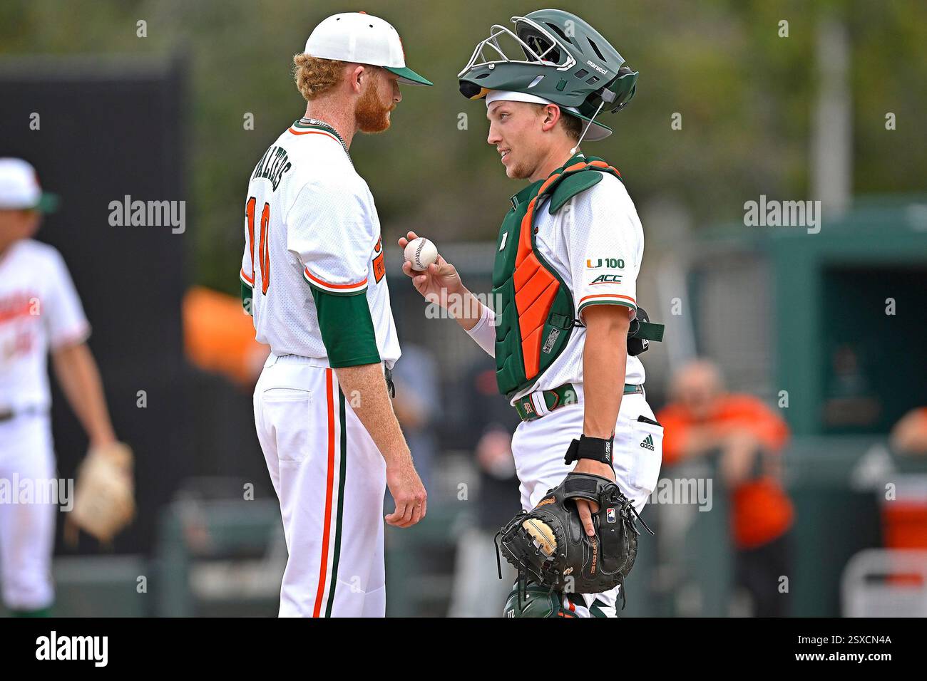 CORAL GABLES, FL - FEBRUARY 23: Miami catcher Tanner Smith (30) speaks ...