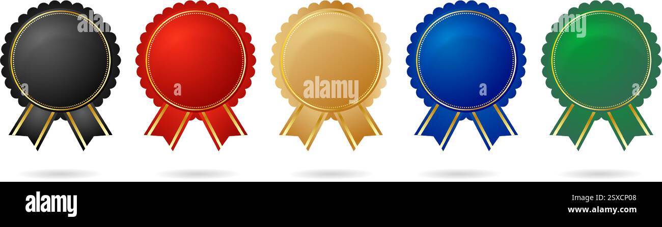 five set of award ribbons on a colorful design isolated white ...