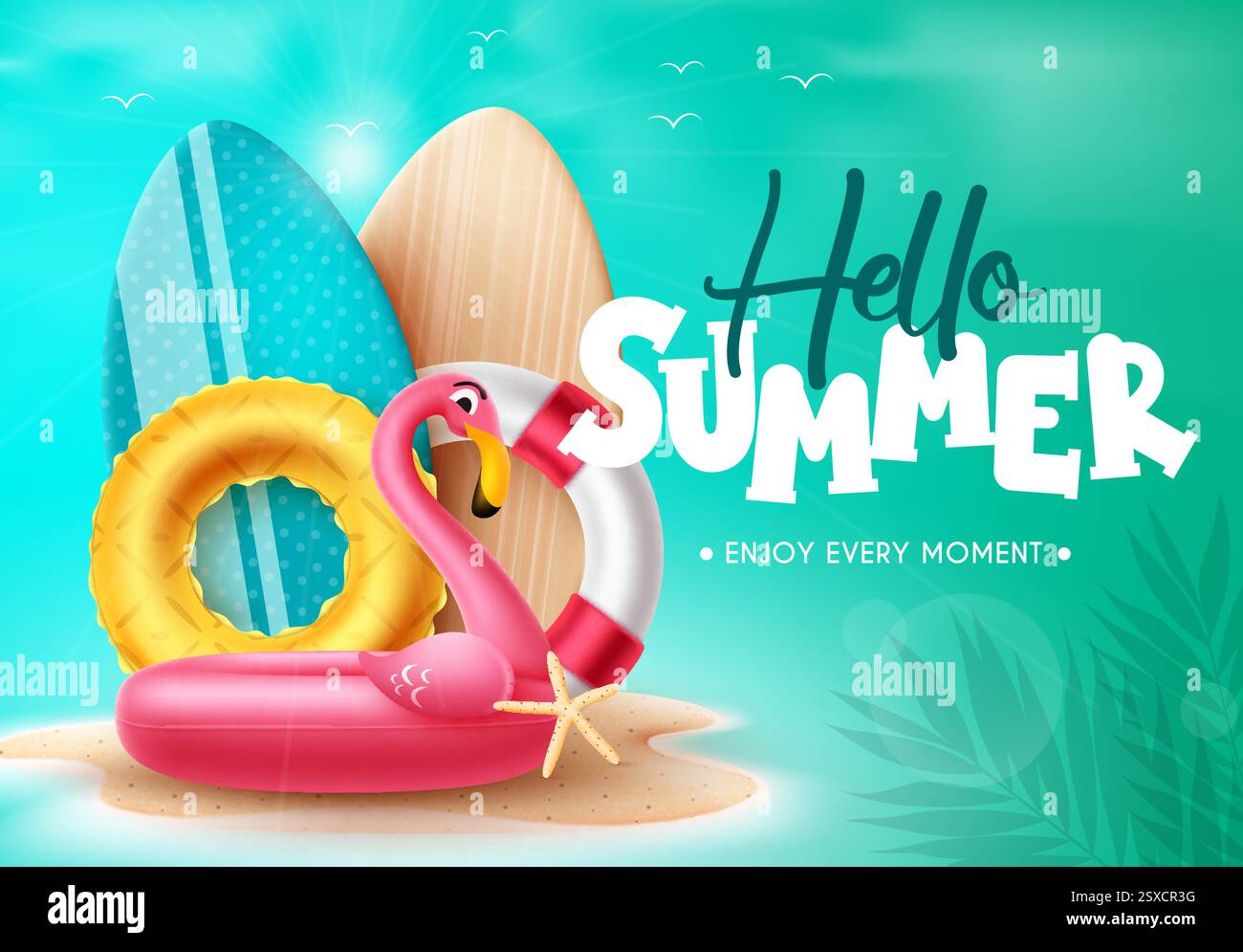 Summer vector background design. Hello summer text with flamingo ...
