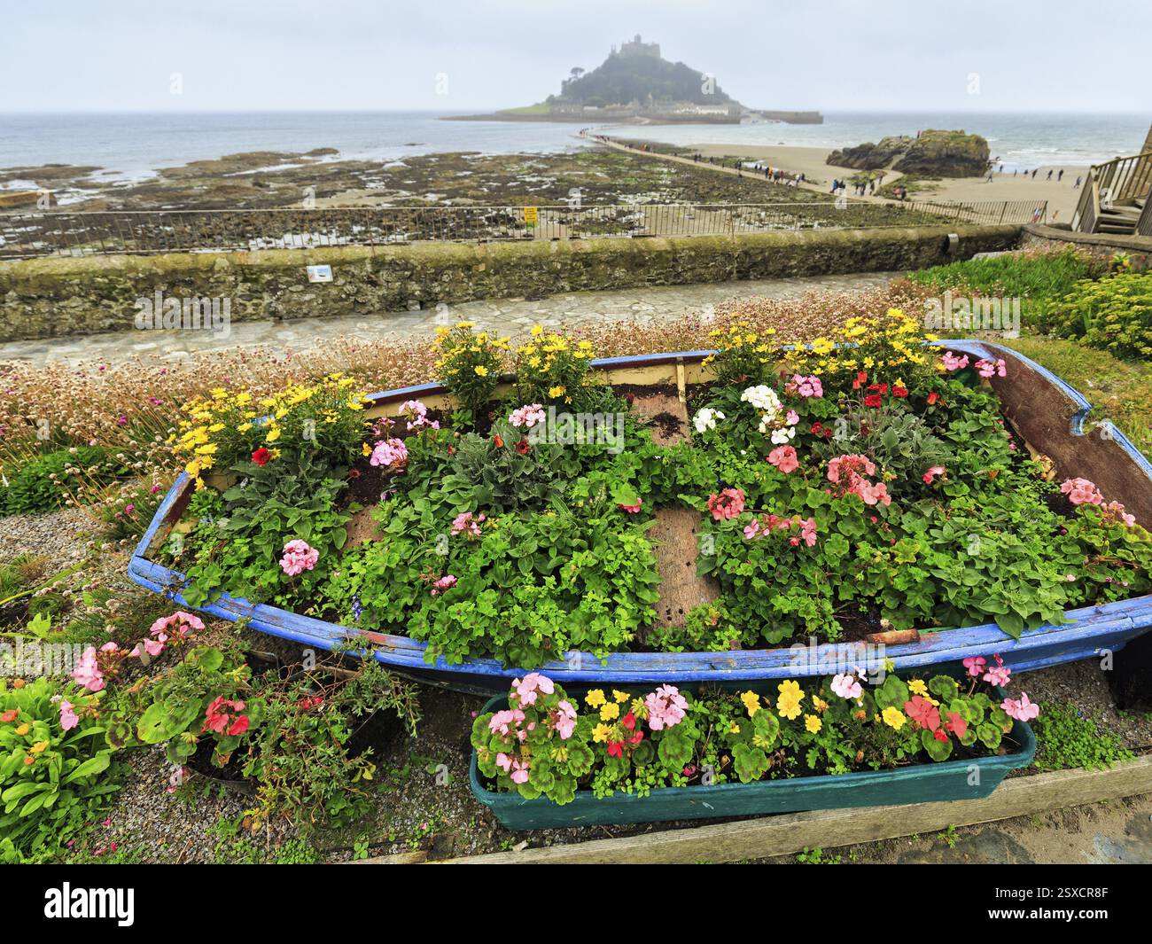 Flower bed in a boat, St Michael's Mount in the haze, tidal island with ...