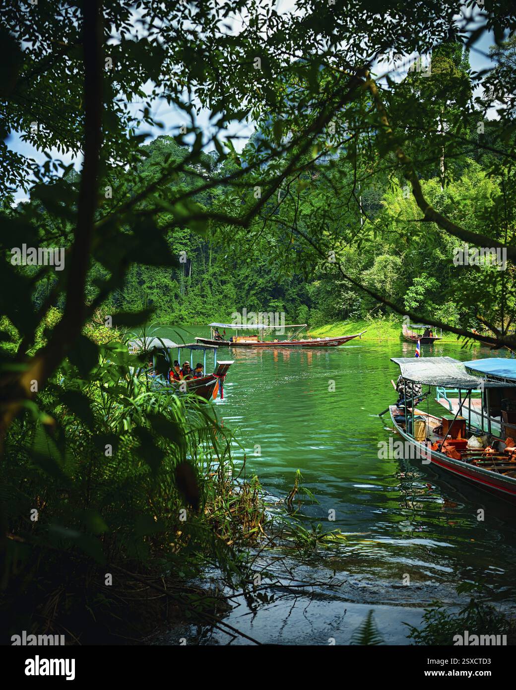 Multiple boats navigate a calm river enveloped by lush jungle foliage ...