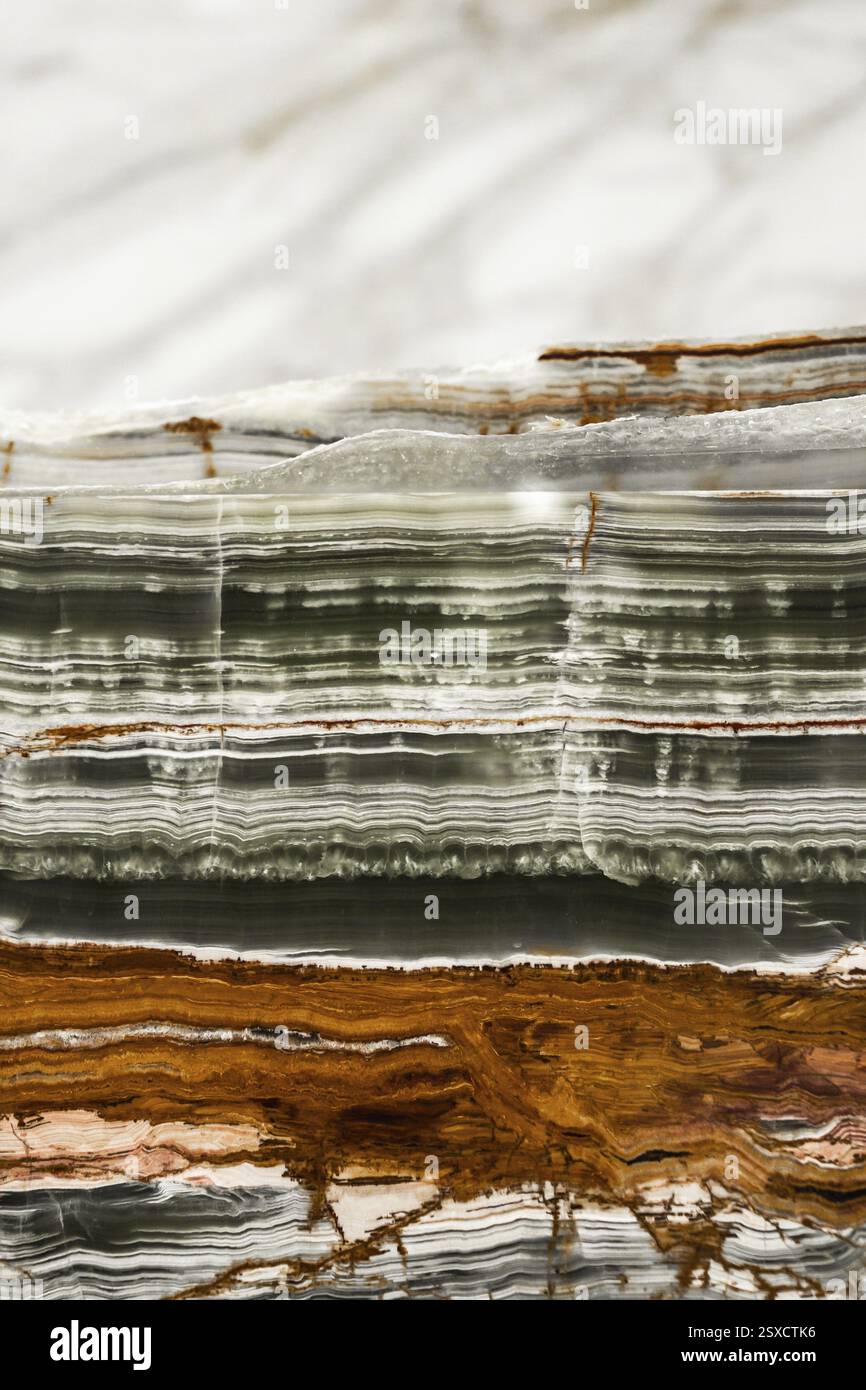 Cross-section of variegated marble showcasing gray, brown, and white ...